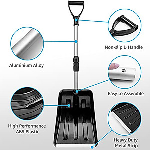 Collapsible Snow Shovel, Emergency Car Snow Shovel with Comfortable D-Grip Handle and Durable Aluminum Edge Blade, Portable Snow Shovel for Driveway Trunk Garden Camping (Adjustable 28" to 36")