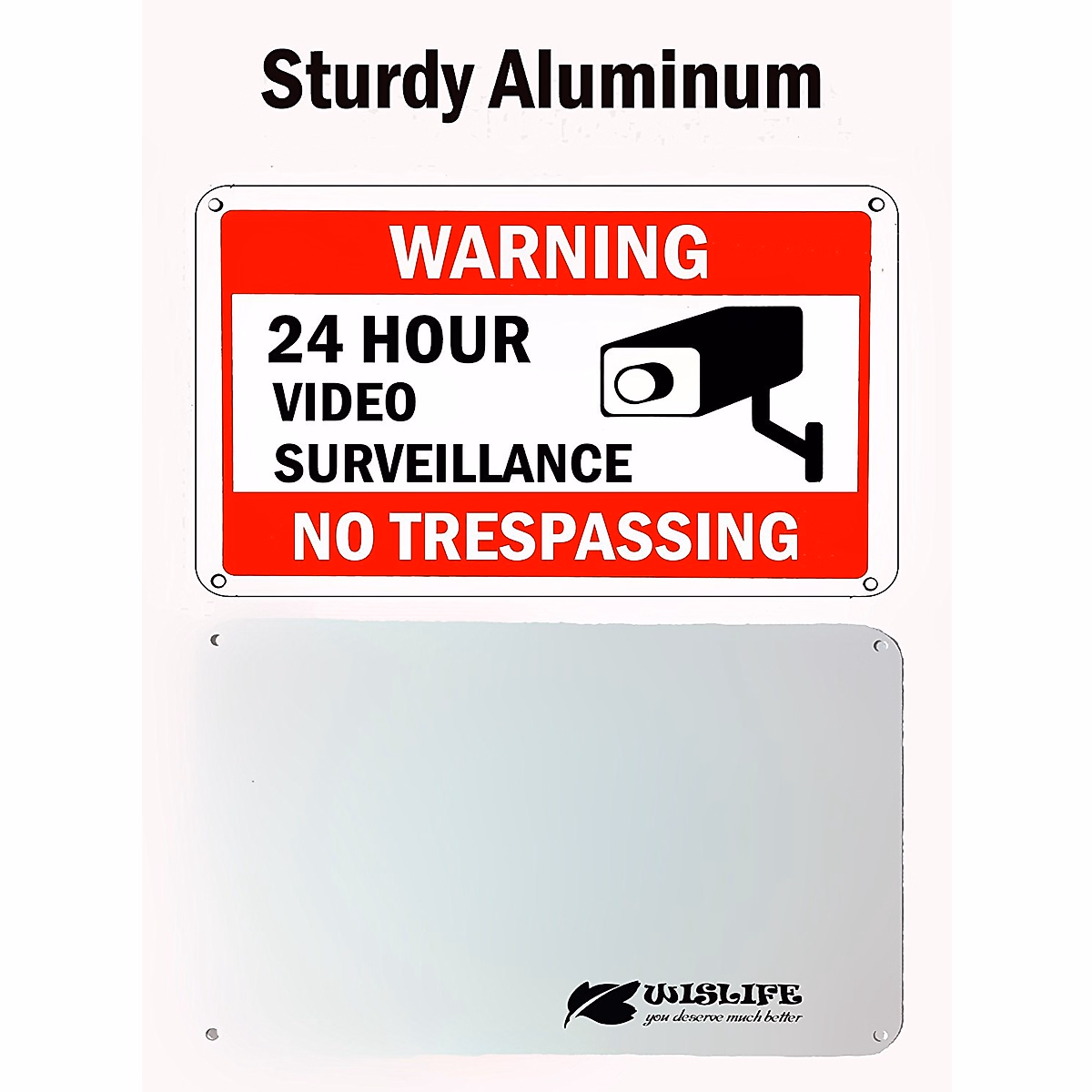 WISLIFE Video Surveillance Sign Set, 2 (10" X 7") Aluminum Warning Signs & 6 (6"X6") Window Stickers, Video Security Signs