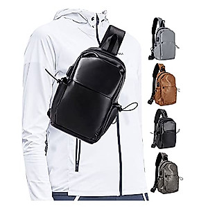 SEAFEW Black Leather Small Sling Bag Crossbody Backpack Shoulder Bag for Men Women, Hiking Daypack Multipurpose Anti-Theft Cross Body Chest Bags, One Strap Backpack for Walking Biking Travel Cycling