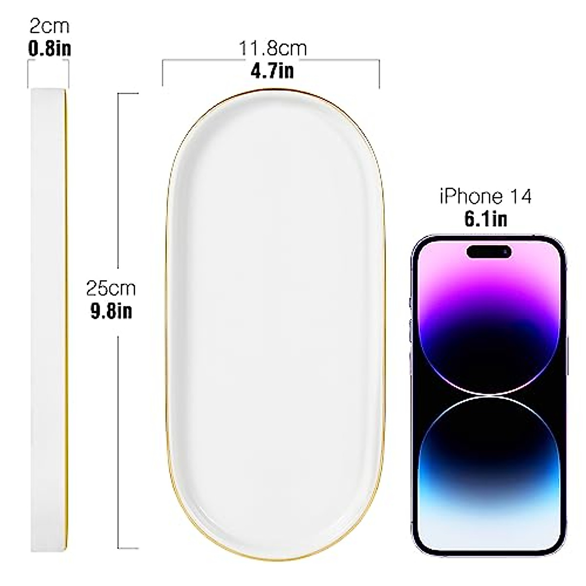 Luxspire Bathroom Vanity Tray, Marble Ceramic Dresser Jewelry Dish with Golden Rim, Decorative Tray Countertop Sink Storage Holder Organizer for Soap Candles Perfume Comestic Home Decor, Matte White