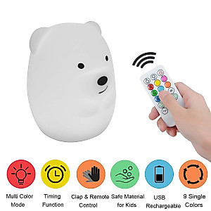 Yuede Kids Night Light for Bedroom, Silicone USB Rechargeable Night Lights, 9 Colors Change with Touch Sensor and Remote Control for Baby/Kids/Adult Gifts (Bear)