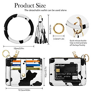 Circle Bangle Leather Keychain Wallet ID Card Holder Keyring Wristlet Bracelet Key Ring Chain Tassel Purse Women Girls (Cow)