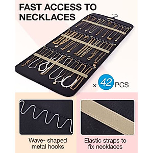 BAGSMART Hanging Jewelry Organizer Storage Roll with Hanger Metal Hooks Double-Sided Jewelry Holder for Earrings, Necklaces, Rings on Closet, Wall, Door, 1 piece, Large, Black