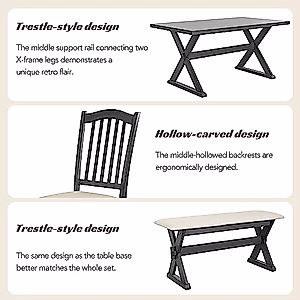 HAUSHECK Rectangular Table with X-Frame Legs, Upholstered Bench & Chair with Hollowed Backrests, Padded Cushion, Modern Rustic Style Home Furniture, Kitchen & Dining Room Sets for 6, Gray