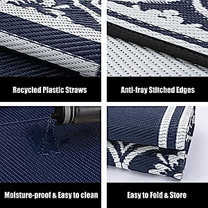 HUGEAR RV Outdoor Rug Waterproof Mat Outdoor Rugs 6'x9' for Patios Clearance Carpet Outdoor Camping Rugs Large Plastic Straw Rug (Lantern Navy Blue&White)
