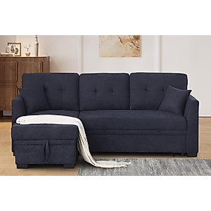 YOPTO 81.5" Sectional Sleeper Sofa Bed,Convertible L Shaped Pull Out Couch with Storage Chaise & Pillow,Woven Upholstered Loveseat W/Removable Back Cushion for Living Room,Apartment,Office,Dark Blue