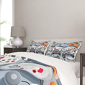 Placitiume Gaming Duvet Cover Set Gaming Bedding Set Videogame Controller Printed with Modern Gamepad Design Quilt Cover Set with 2 Pillowcases Colorful Novelty Bedding Set, No Comforter