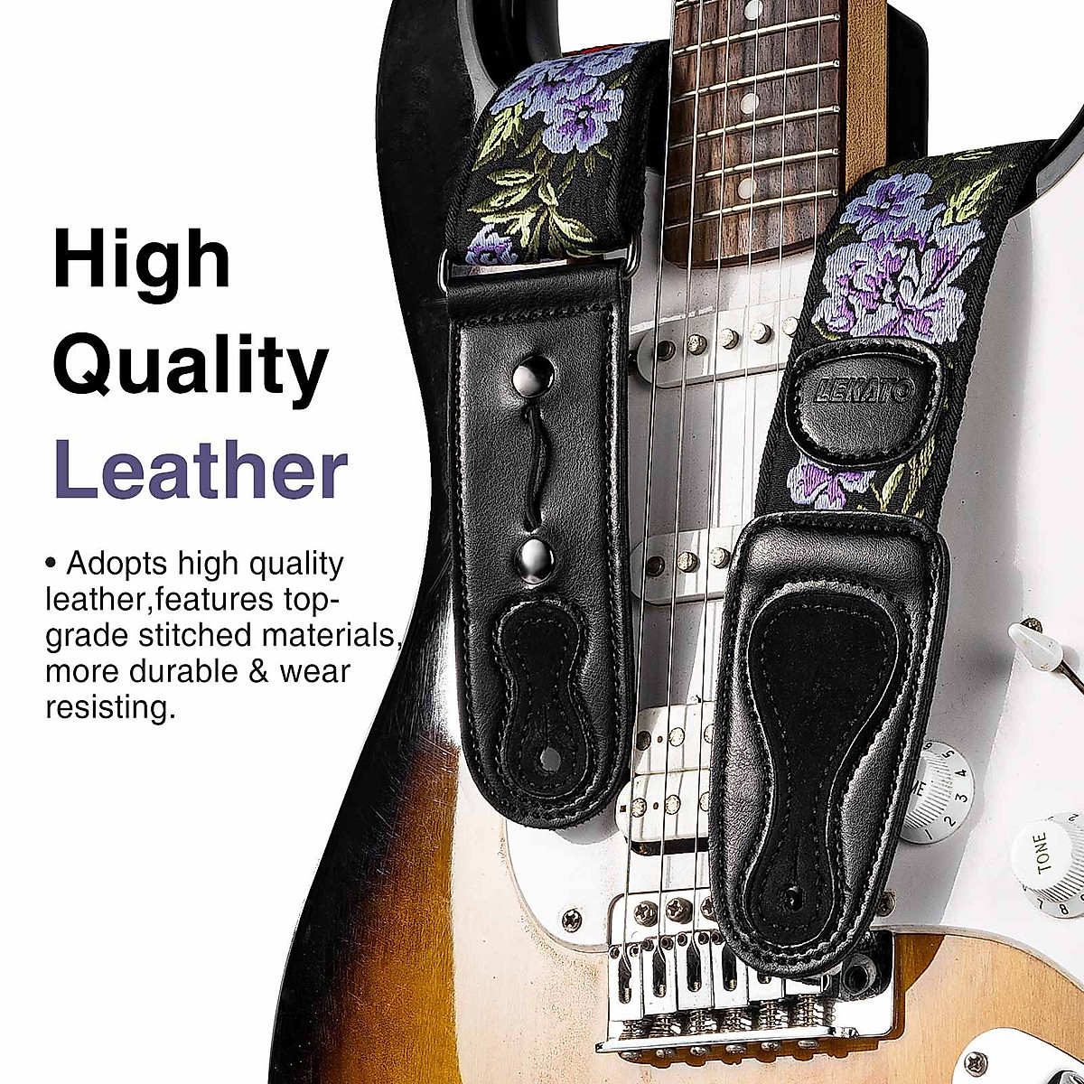 LEKATO Flower Bass Strap, Flower Guitar Strap for Bass, Electric & Acoustic Guitar 2" Wide Guitar Straps with Leather Ends Artistic Woven Guitar Straps with Pick Holder 2 Safty Strap Locks & 6 Picks