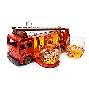 Firetruck Whiskey Decanter with Two 12 oz Glasses Gift Firefighter Gifts, Fireman, Fireman Figurine, Police Gifts, Fire Department Gifts, Gift for Firefighters ! 600ml 13" L 6" H Gifts for Dad