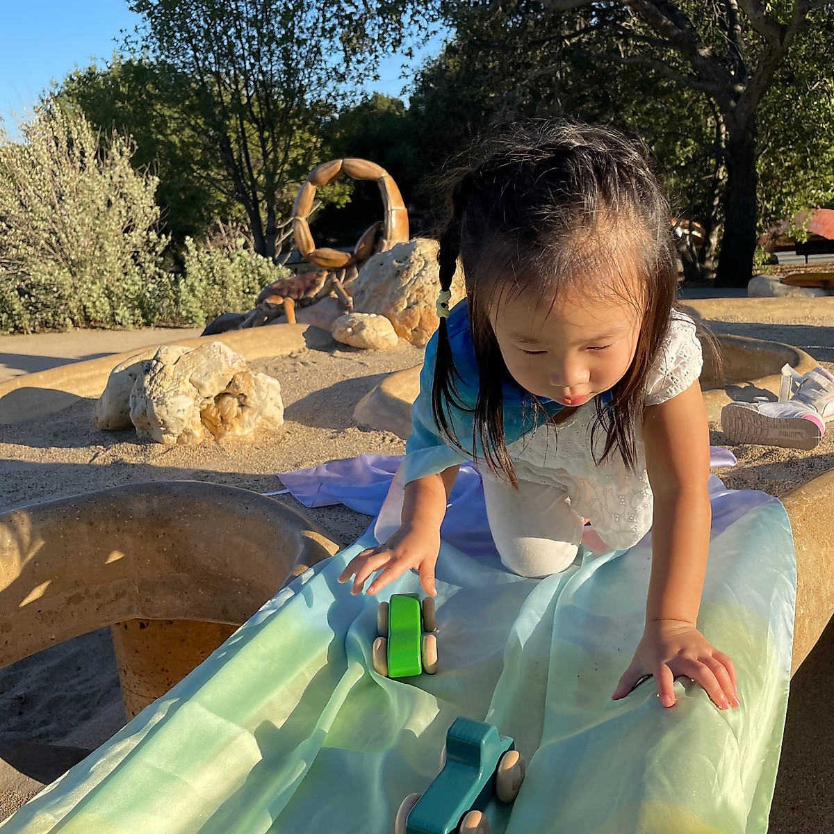 Avery & Ruth Waldorf Toys Rainbow Car Set - 70” x 35” Silk Scarf for kids to play- 7 Handmade Wooden Car - 3 Peg Dolls - Montessori Rainbow Toy - 100% Silk