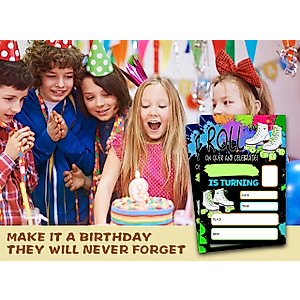 ONDTOM Roller Skating Birthday Party Invitations With Envelopes(4" x 6")- 20 Pack - Neon Glow Skate Party Invites-c55