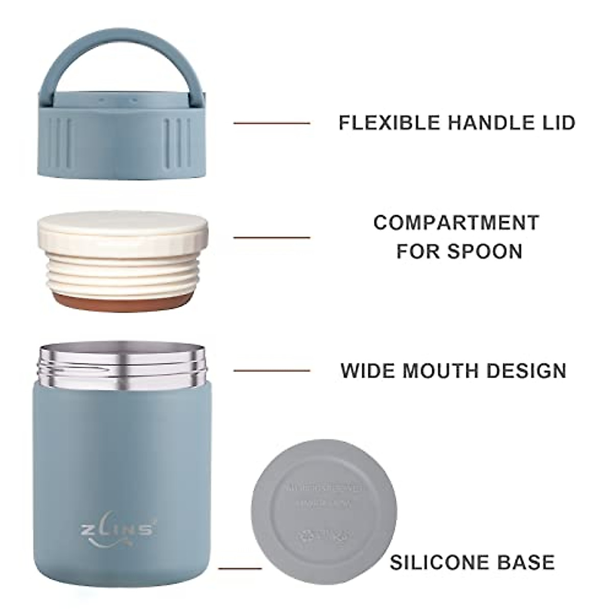 ZLINS Insulated Food Jar 13 oz, Foldable Spoon, Reusable Stainless Steel Lunch Thermos Container, Leak Proof Vacuum Lunch Storage for Soup Hot Cold, Portable Smoothie Bowl with Handle Lid (Blue)