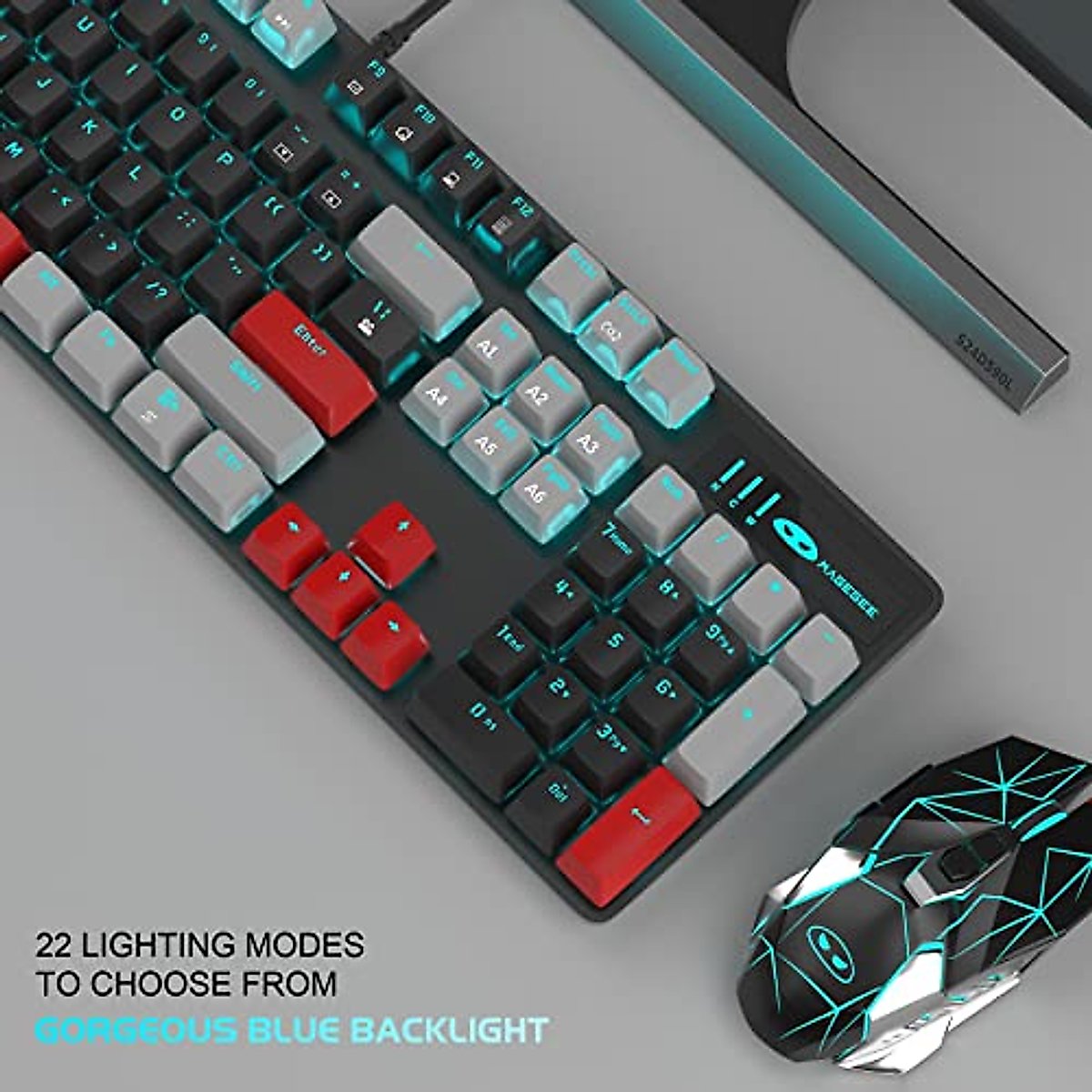 MageGee Mechanical Gaming Keyboard, 104 Keys Blue Backlit Keyboard with Red Switches Double-Shot Keycaps, USB Wired Mechanical Computer Keyboard for Laptop, Desktop, PC Gamers(Gray & Black)