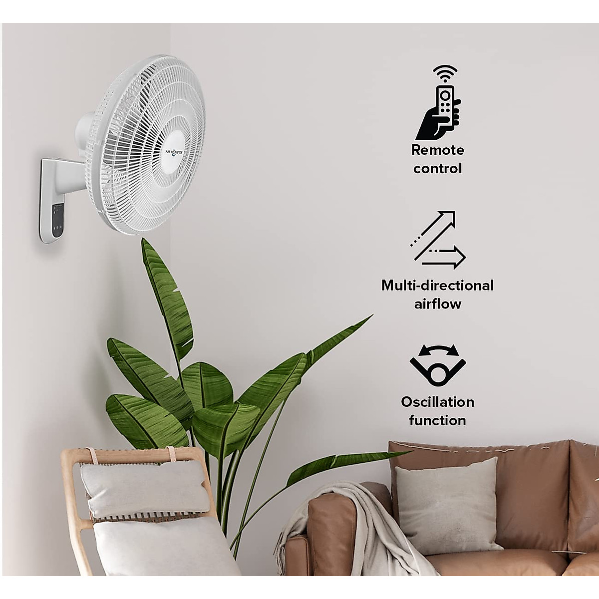 Air Monster 16 Inch Wall Mount Fan with Remote Control, Garage Fan, High Velocity Wall Fan, 70 Degree Oscillating Wall fan with Remote, 3 Speed, Adjustable Tilt, ETL, White