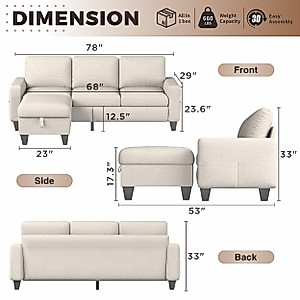 Youmumeub Sectional Sofa, L Shaped Couches for Living Room with Movable Ottoman Small Beige Sofas Modular Furniture Set for Apartment Small Space Loft