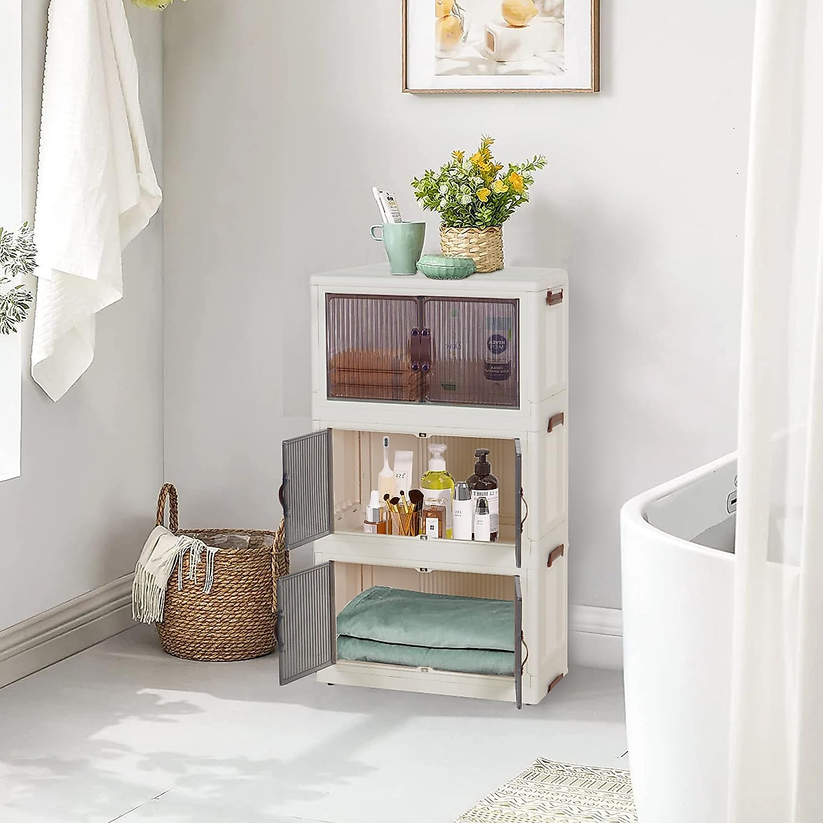 Auzfy Large Collapsible Storage Bins with Lids and Wheels,13 Gal/Pack Plastic Folding Clothes Closet Organizer System with Doors,Stackable Container Boxes for Organization and Storage(3 Packs)