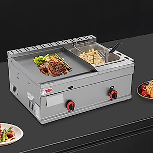 CRYBY Gas Griddle, 6L/1.59Gal Stainless Steel Griddle & Deep Fryer Combo Gas Deep Fryer Gas Grill Griddle with Oil Draining Basket, Lid & 3 Spice Boxes, Commercial Griddle with Fryer for RV, Camping