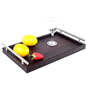 Faux Leather Rectangle Serving Tray with Polished Silver Metal Handle for Coffee Table,Cup,Fruit,Food Tidy Up Container,Console Table Living Room Kitchen Serve Tray,Home Decoration Tray (Brown)