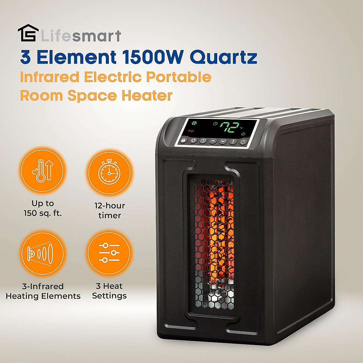 Lifesmart Infrared Quartz Space Heater, 1500W Portable 3 Element Heater with Remote, Black
