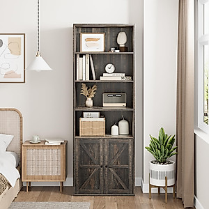 GAOMON Bookcase with Doors Farmhouse Bookshelf 11.8in Depth Wooden Display Storage Shelves 71.4in Tall Bookcases Industrial 6 Shelf Grey Bookshelves for Bedroom, Living Room, Home Office