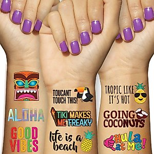 Luau Theme Temporary Tattoos - Hawaii - Aloha -Tropical - Tiki - Summer Themed Beach and Pool Party Decoration, Favors & Supplies multicolor