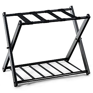 GOFLAME Folding Luggage Rack Metal Suitcase Luggage Stand for Home Bedroom Hotel with Shelf, Black