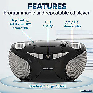 Magnavox MD6949-BK Portable Top Loading CD Boombox with AM/FM Stereo Radio and Bluetooth Wireless Technology in Black | CD-R/CD-RW Compatible | LED Display |