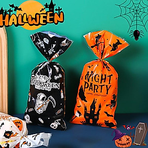 YNGRUE Halloween Cellphane Candy Bags, 100 Pcs Halloween Plastic Clear Treat Bags, Clear Plastic Trick or Treat Bags for Candy Cookie Goodies with Twist Ties for Halloween Party Supplies (7 colors)