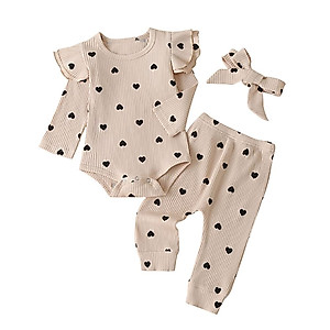 Baby Girl Clothes Infant Girls Outfits 3PC Rib Frill Long Sleeve Romper Pants Headband Set (Apricot, 6-9 Months)