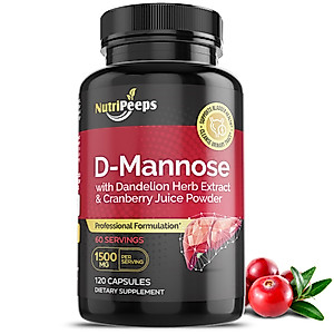 NutriPeeps D-Mannose 1500mg, 120 Capsules with Dandelion Herb and Cranberry Extracts, Natural Urinary Tract Cleanse for UTI Support, Flushing and Detoxing of Impurities, for Men and Women.