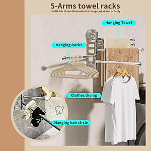 5-Arms Towel Racks for Bathroom, Adjustable Suction Cup Towel bar, Towel Holder Wall Mounted, 180° Swivel Towel Rack for Shower Room and Kitchen White