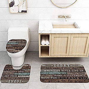 4 Pcs Inspirational Quotes Shower Curtain Set with Non-Slip Rugs, Toilet Lid Cover and Bath Mat, Motivational Words Rustic Wooden Cabin Shower Curtain Bathroom Waterproof Polyester Fabric, 72" x 72"