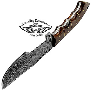 Best.Buy.Damascus1 Rose Wood 9.5'' Fixed Blade Custom Handmade Damascus Steel Tracker Hunting Knife Brass Pins Spacers Unique Beautiful File Work On Handel Come With Leather Sheath Prime Quality