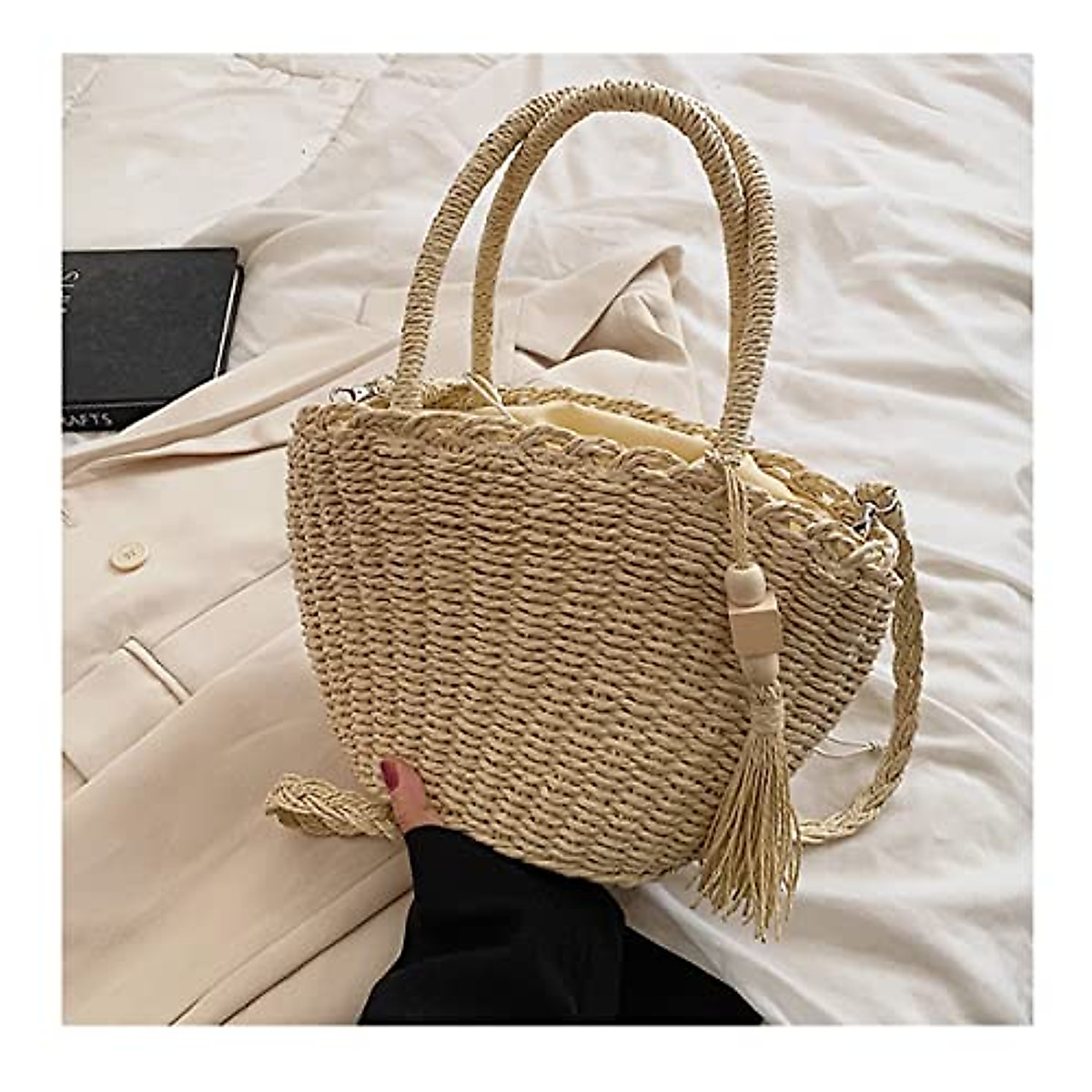 abigail paige Women Straw Handbags For Summer Beach Weave Shoulder Bag Rattan With Tassel (beige)