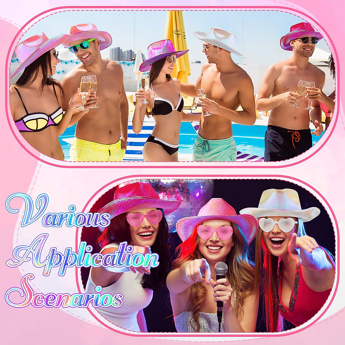 Coume 23 Pcs Cowboy Light up Hat Bulk Flashing Holographic Cowgirl Hats with Heart Sunglasses for Women Costume Accessories(Pink, White, Rose Red, Cute Style)