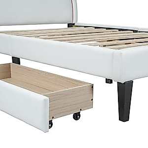 HBRR Wooden Bed Frame Full Size with 4 Storage Drawers and Bunny Ears Headboard, Upholstered Platform Bed with Storage for Kids Teens Boys & Girls, No Box Spring Needed, White
