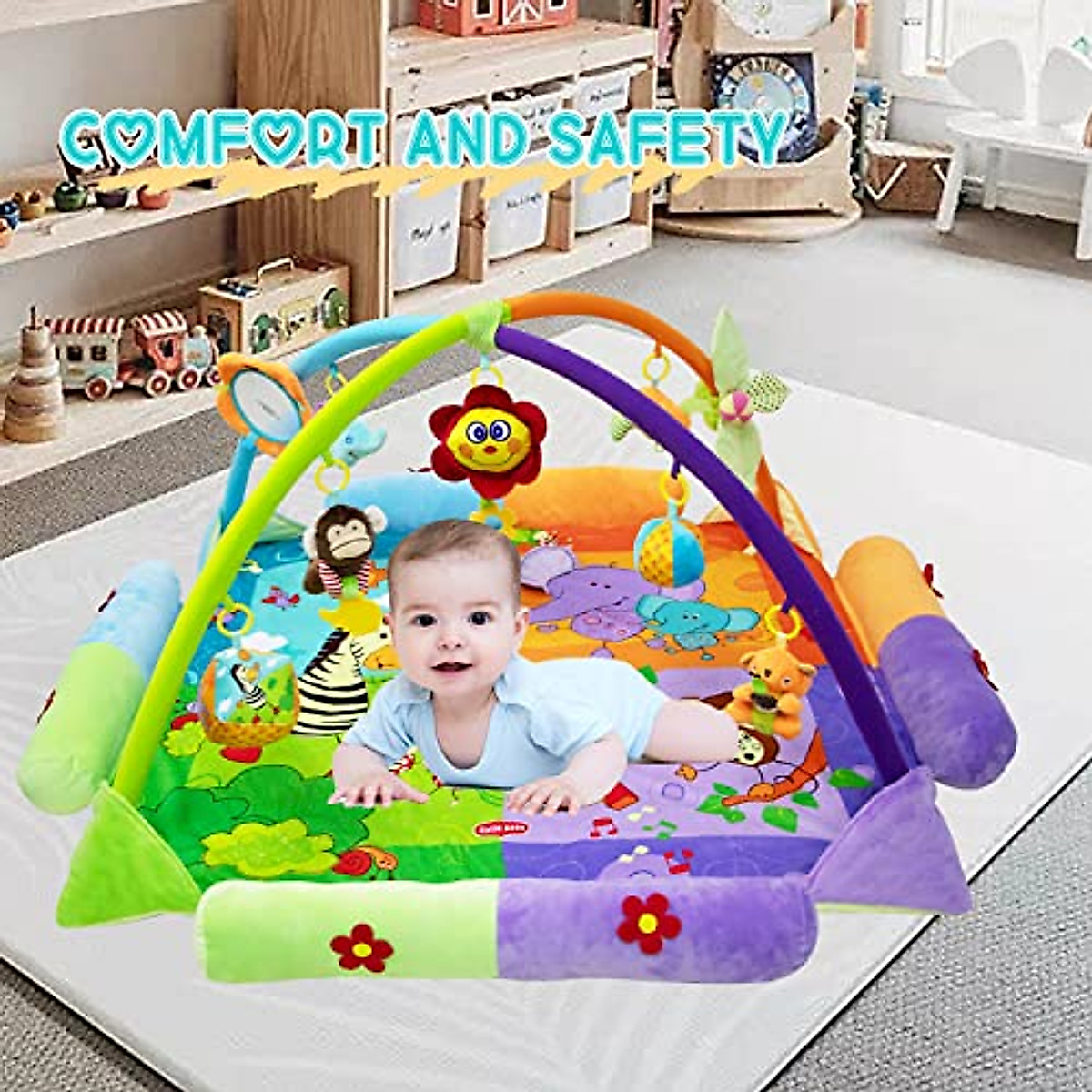 Baby Play Gym Activity Mat - Baby Gyms with 5 Sensory Toys and 1 Gym Mat for Sensory and Motor Skills Development Language Exploration for Baby Multiple Development Gifts for Toddlers