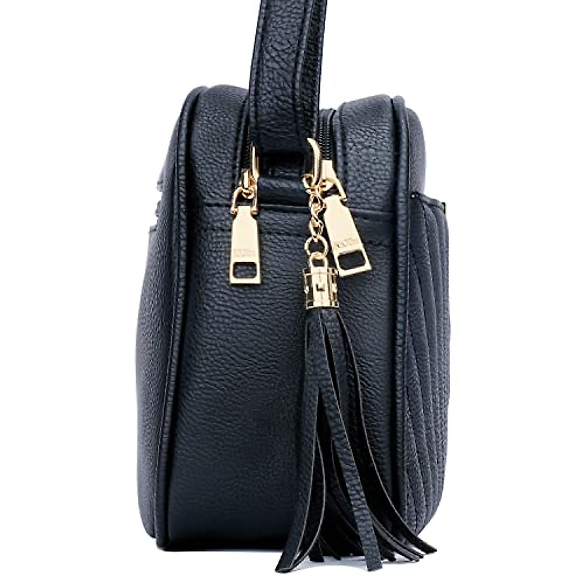 KKXIU Quilted Double Compartment Multiple Pocket Crossbody Bag for Women and Teen Girls Stylish Shoulder Purse with Tassel (c-black)