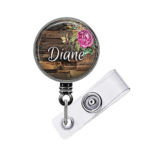 Wood Floral Adjustable Stethoscope ID Name Tag - Choose Tag Style and Color, Custom Fonts, Design Size and Decorative Frame - Hospital Nurse Identification