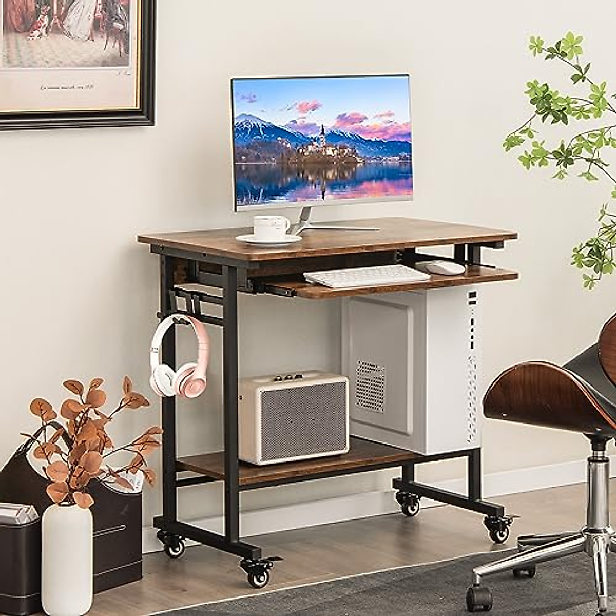Tangkula Rolling Computer Desk Cart with Keyboard Tray, Mobile Portable Laptop PC Desk with CPU Stand & 3 Hooks for Sofa & Bed, Industrial Small Desk on Wheels for Small Spaces, Home Office Desk