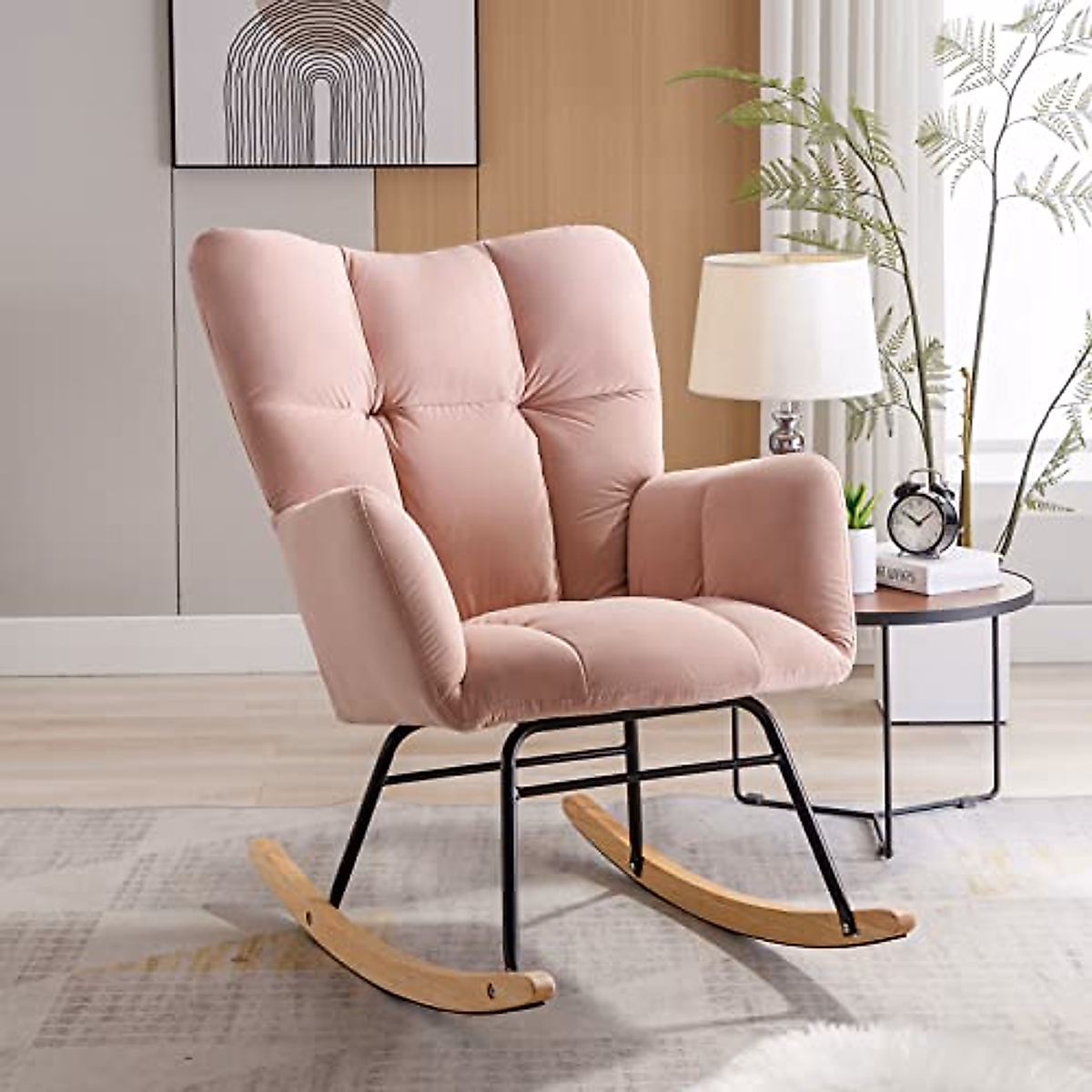 Nursery Rocking Chair for Baby, Indoor Velvet Fabric Nursing Chair, Modern Upholstered Glider Rocker Armchair with High Backrest for Bedroom Office Living Room (Light Pink)