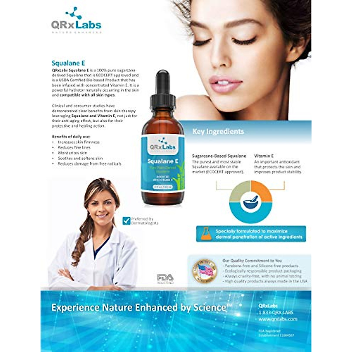 Pure Plant-Based Squalane Oil Boosted with Vitamin E (LARGE 2 oz) - Organic ECOCERT/USDA Certified Squalane Derived from Sugarcane - Best Moisturizer For Face, Body, Skin & Hair - 2 fl oz / 60 ml