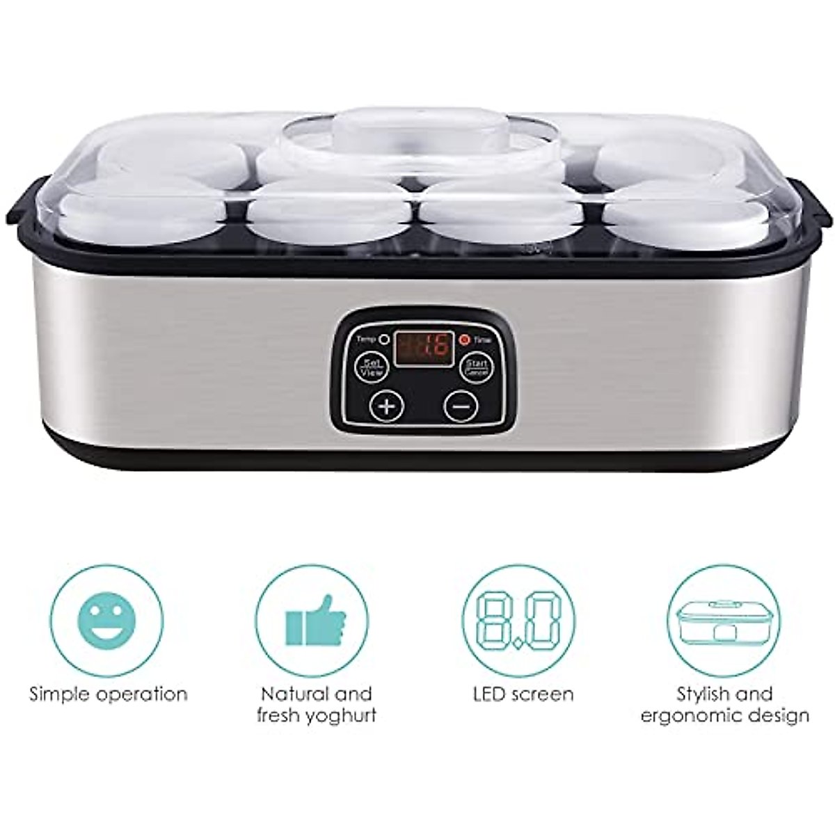 Yogurt maker, Automatic Digital Yogurt Maker Machine with LCD Display, 8 Glass Jars 48 Ozs, Stainless Steel Design,Auto Temp Control