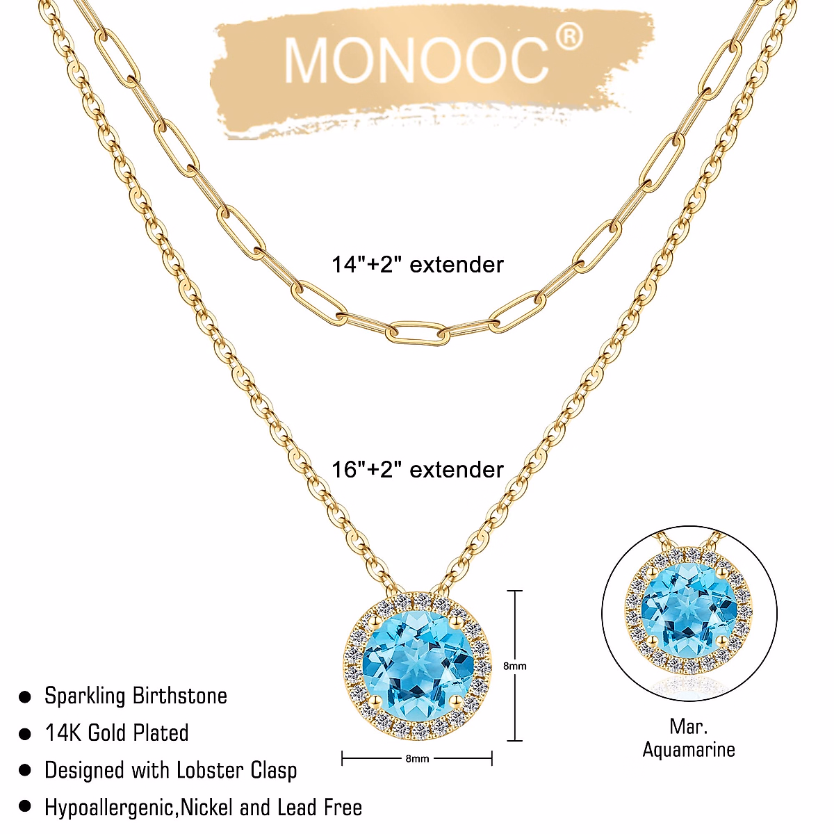 MONOOC Birthstone Necklace for Women, Aquamarine Necklace Birthstone Necklace Layered Gold Necklaces for Women Aquamarine Necklace for Women Aquamarine Jewelry for Women Teen Girls Gifts Blue