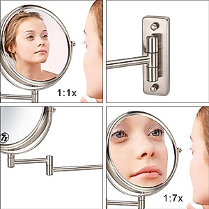 7X Magnifying Lighted Makeup Mirror Wall Mounted Swivel Mirror 6-inch Extending Folding Double Side Cosmetic Bathroom Shaving Mirror Matte Round Chrome Finished Powered by Batteries Vanity Mirror