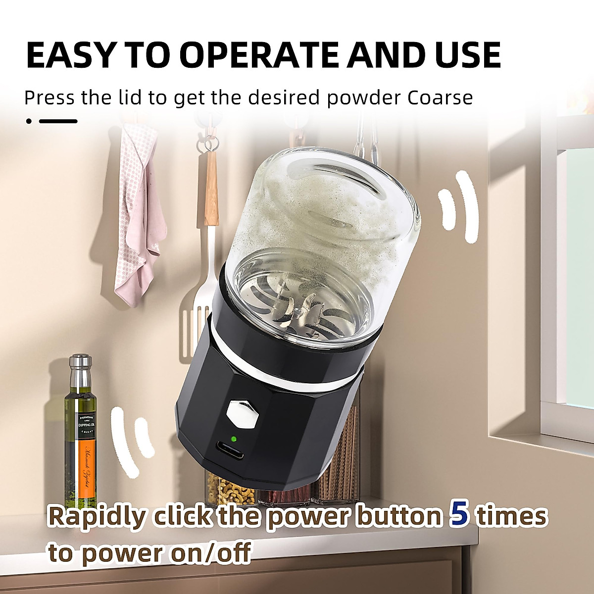 Electric Grinder spice grinder Herb Grinder - Compact and Efficient with USB Rechargeable Battery - 1.7oz Glass Spice Chamber - Premium Quality