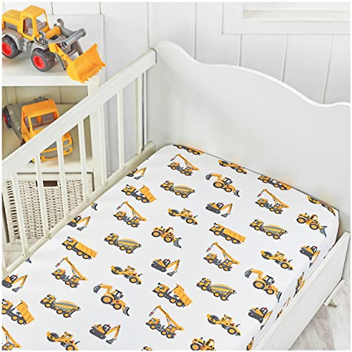 Handywa - 100% Cotton 2 Pack Fitted Crib Sheet Set for Baby and Toddler Bed Mattresses - Yellow Gray Construction Trucks and Chevron for Boy Nursery