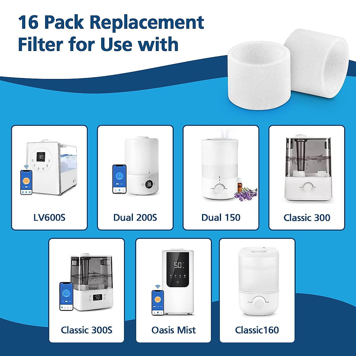 16-Pack Top Fill Humidifier Replacement Filters for LEVOIT Classic160, Dual150, Dual200S, Classic300(S), LV600S, OasisMist450S, Superior 6000S Humidifiers