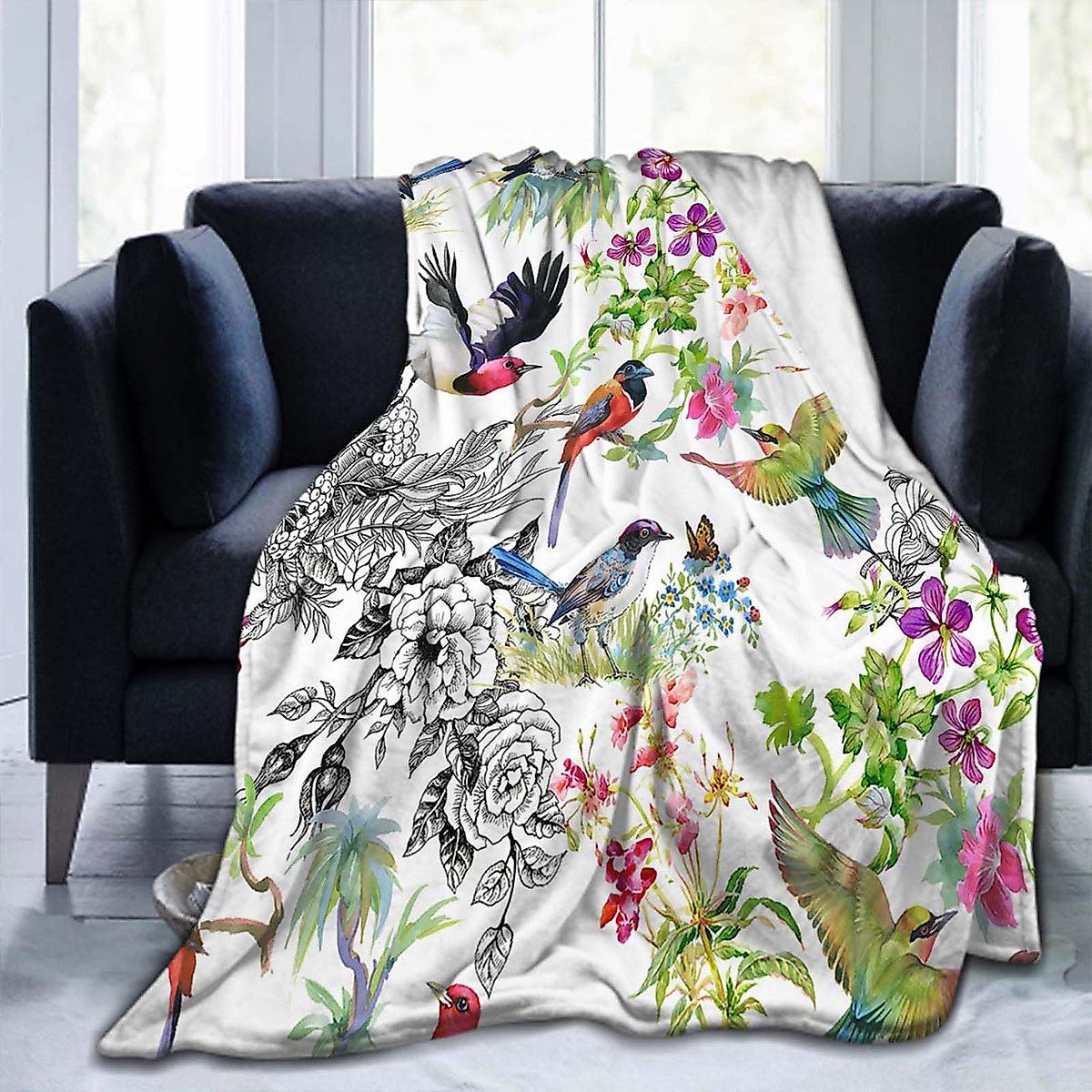 Throw Blanket 30x40 Inch,Green Leaves Flowers Colorful Birds Flannel Soft Cozy Fluffy Throw Blankets and Warm Throws for Adults in Couch Sofa Bed 40x30 Inch
