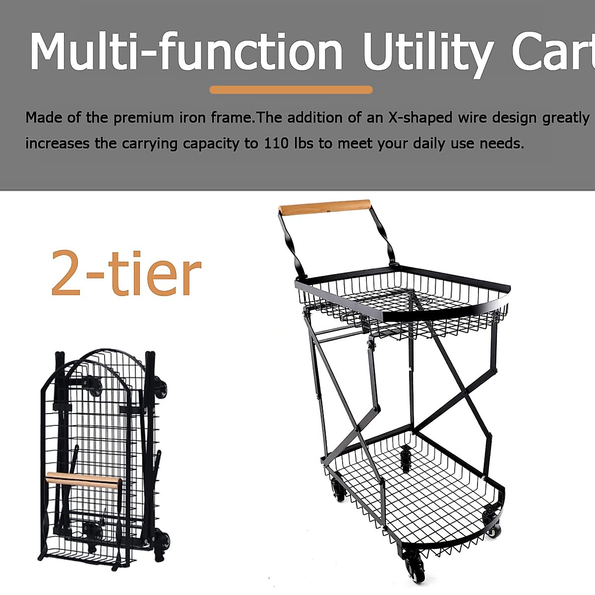 CYJZWOH Multi Use Functional Collapsible Carts, 2-Tier Metal Mobile Folding Trolley Shopping Cart, with Wooden Handle, Lockable Wheels for Office, Living Room, Kitchen, Picnic(Black)